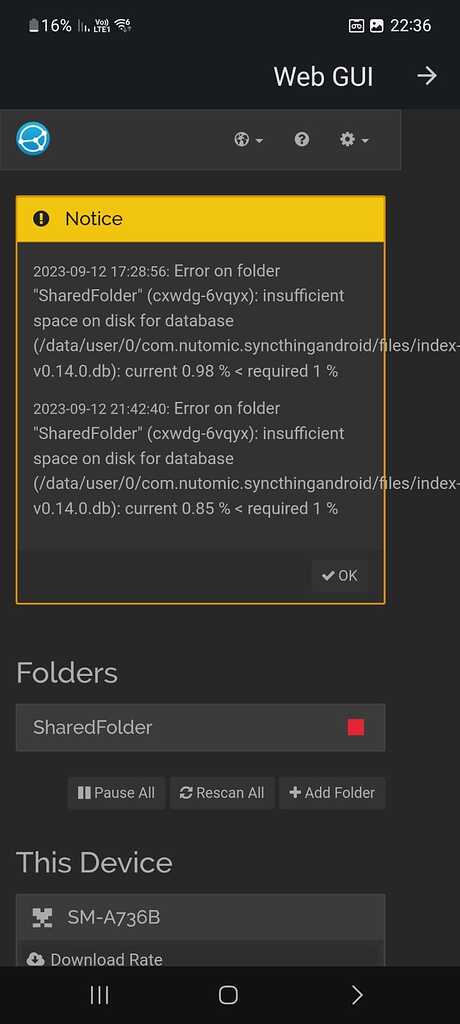 insufficient space on disk for database in the Phone! - Android - Syncthing Community Forum