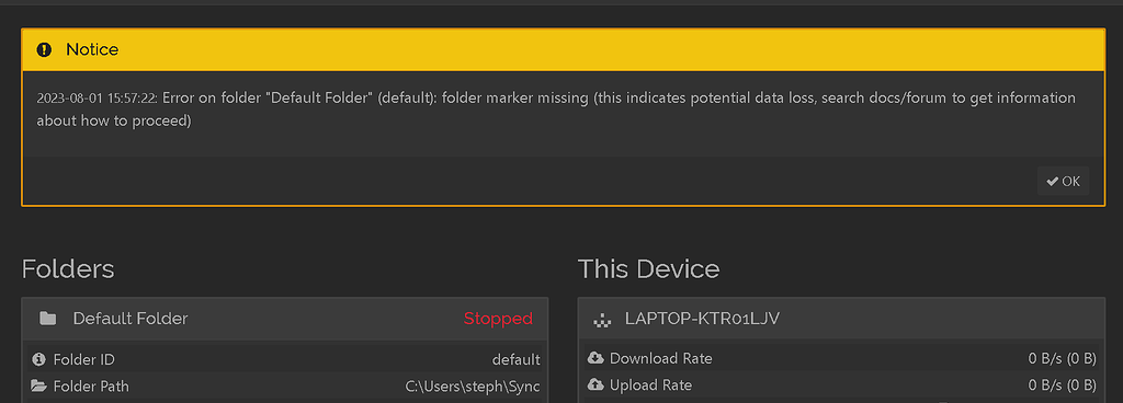 Error on Folder "Default Folder" - Support - Syncthing Community Forum