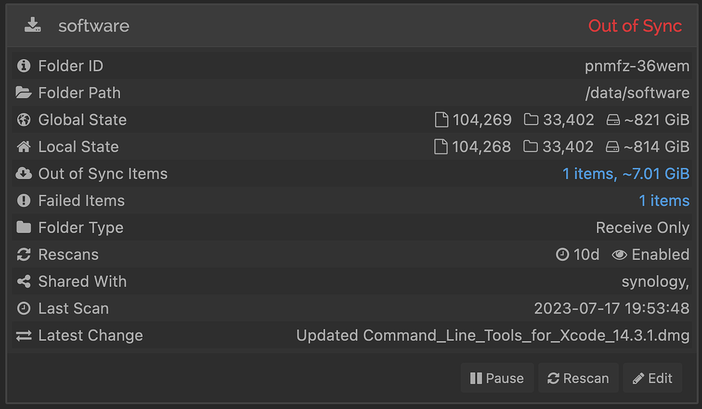 Receive Only folder is stuck out of sync - Support - Syncthing Community Forum