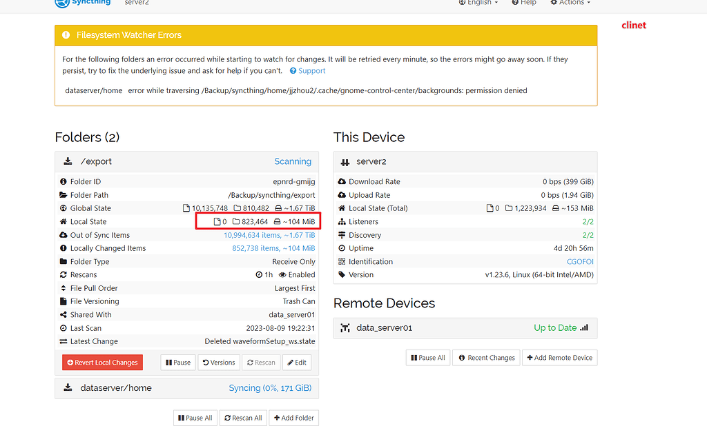 Syncthing stuck at 0% synchronization; client hasn't synced any files - Support - Syncthing ...
