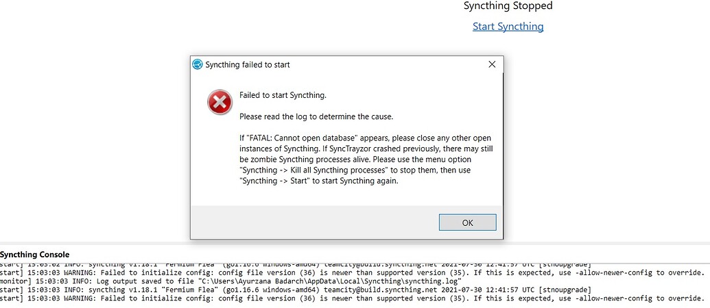 Failed to start Syncthing - Support - Syncthing Community Forum