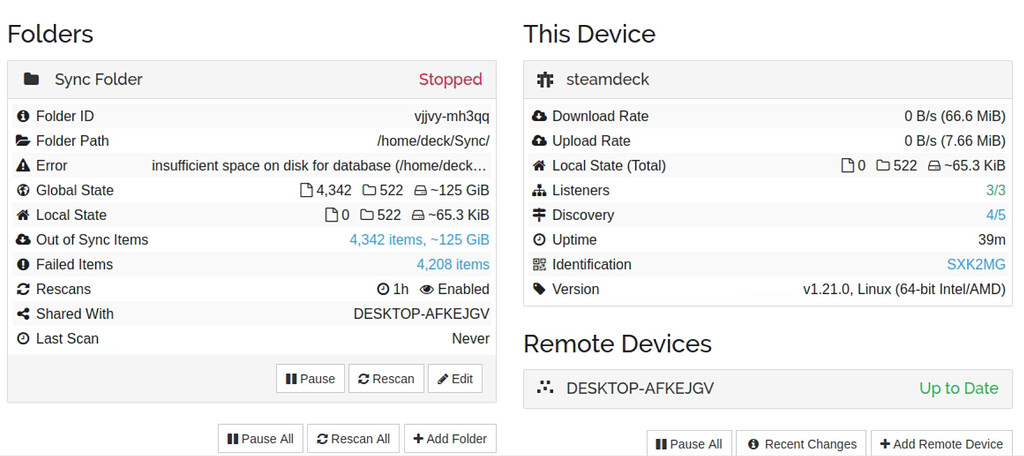 Insufficient space on disk for database - Support - Syncthing Community Forum